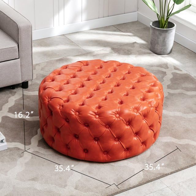 CREATIVE FURNITURE ART | Button Tufted Leather Ottoman, Round Shape ...