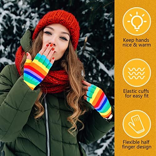 eBoot Winter Unisex Thermal Fingerless Gloves Rainbow Striped Knit ...