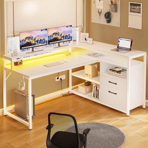 Amazon.com: HOMBCK White Desk with Storage Drawers, 67” Office Desk ...
