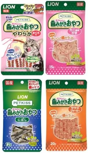 Amazon.co.jp: 【お試しセット】PETKISS 猫用おやつ ネコの歯みがきおやつ スティック やわらか まぐろ味 14g ササミジャーキー 20g カニ風味かま 15g にぼし味 ...