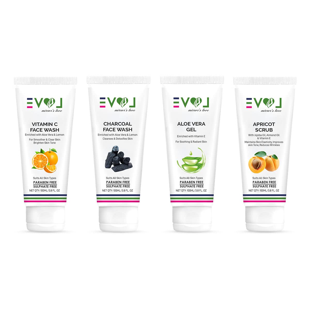 EVOL Charcoal Facewash 100ML With Apricot Scrub 100ML Aleo Vera Gel 100 ...