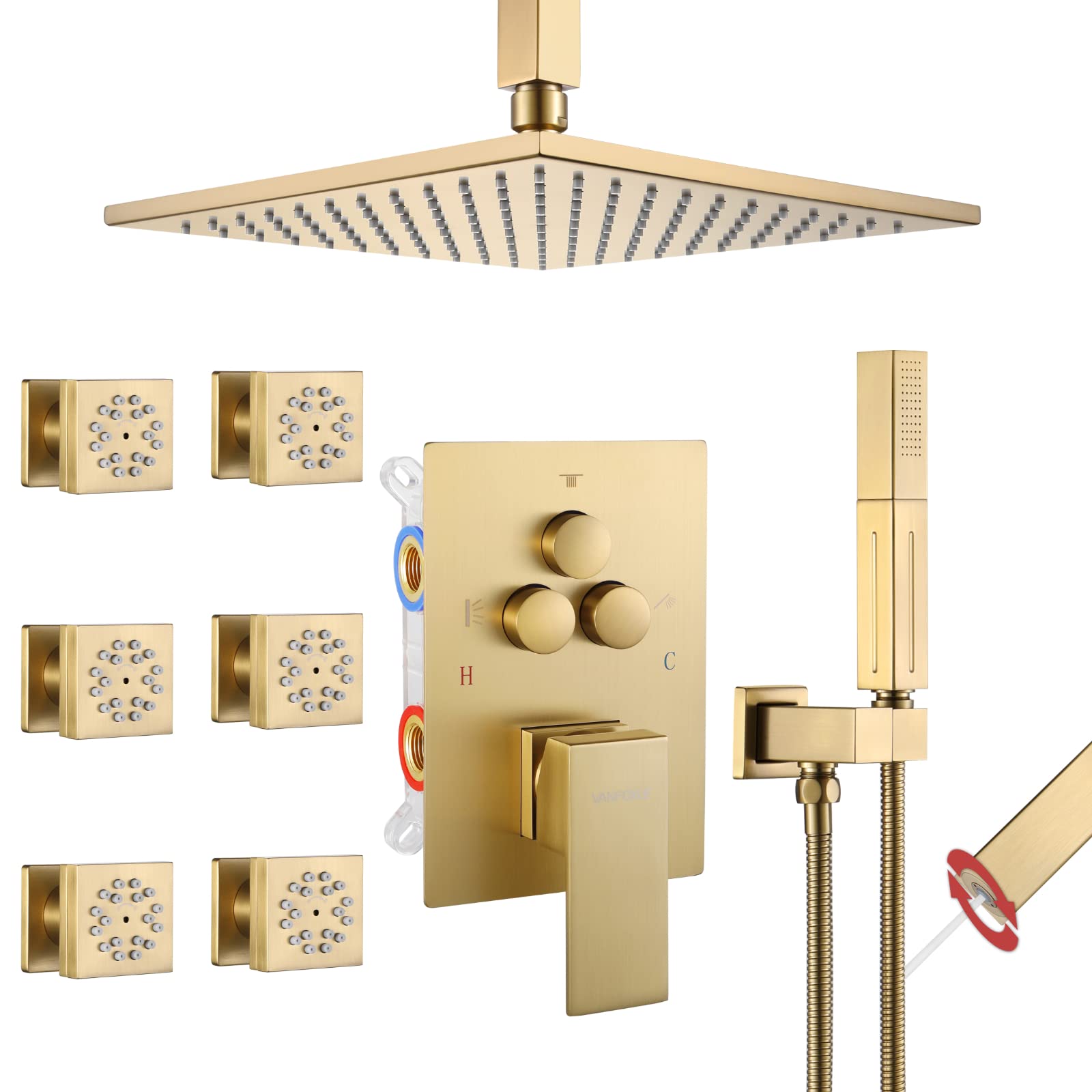 Snapklik.com : VANFOXLE Shower Faucet Set Brushed Gold Shower System,Push Button Diverter Shower ...