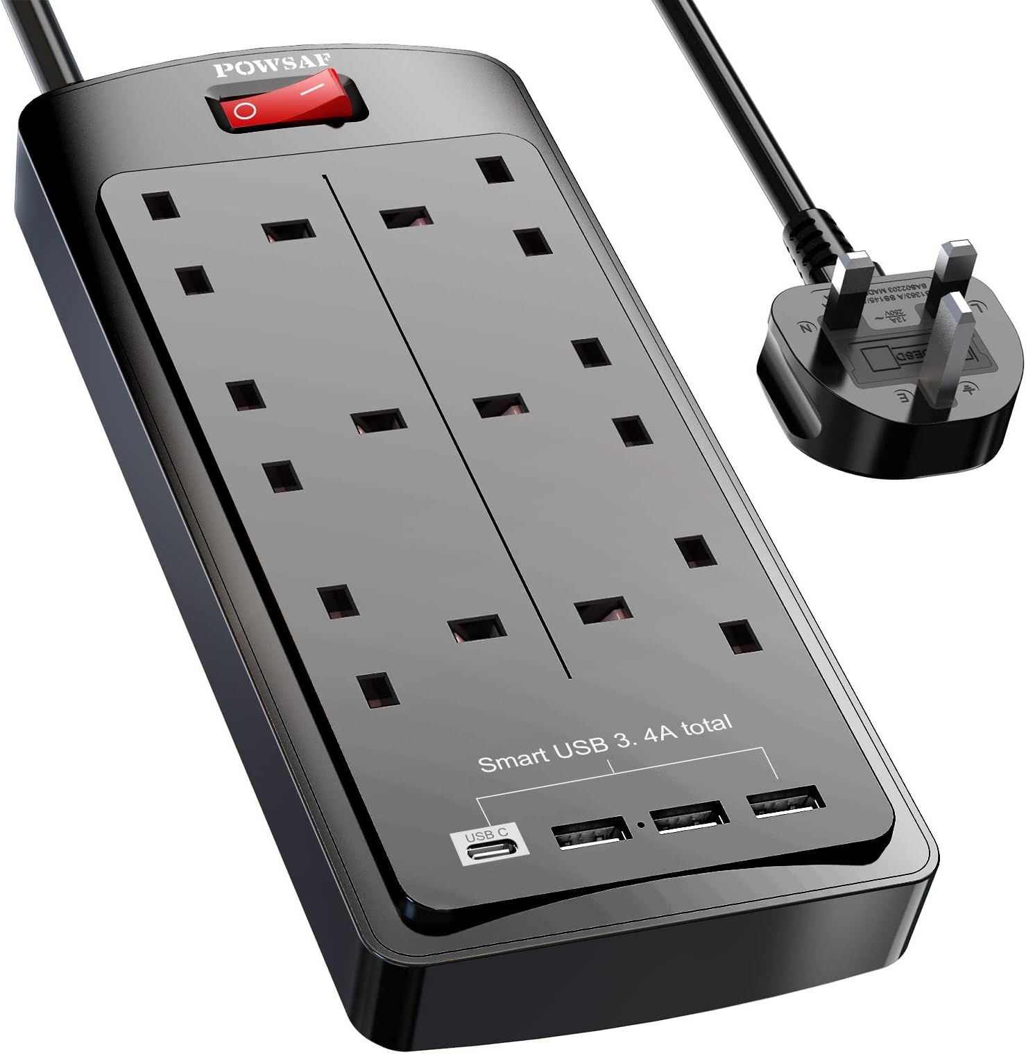 POWSAF 6 Way Extension Lead with 4 USB Slots (3.4A, 1 Type C and 3 USB ...