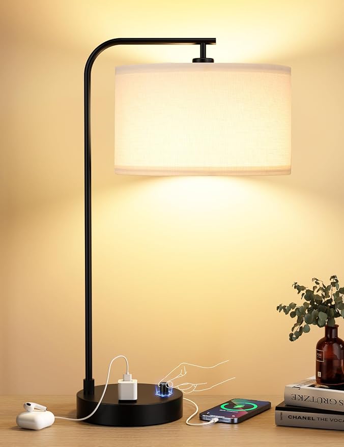 Innqoo White Side Table Lamp with USB Port and Outlet, Dimmable ...