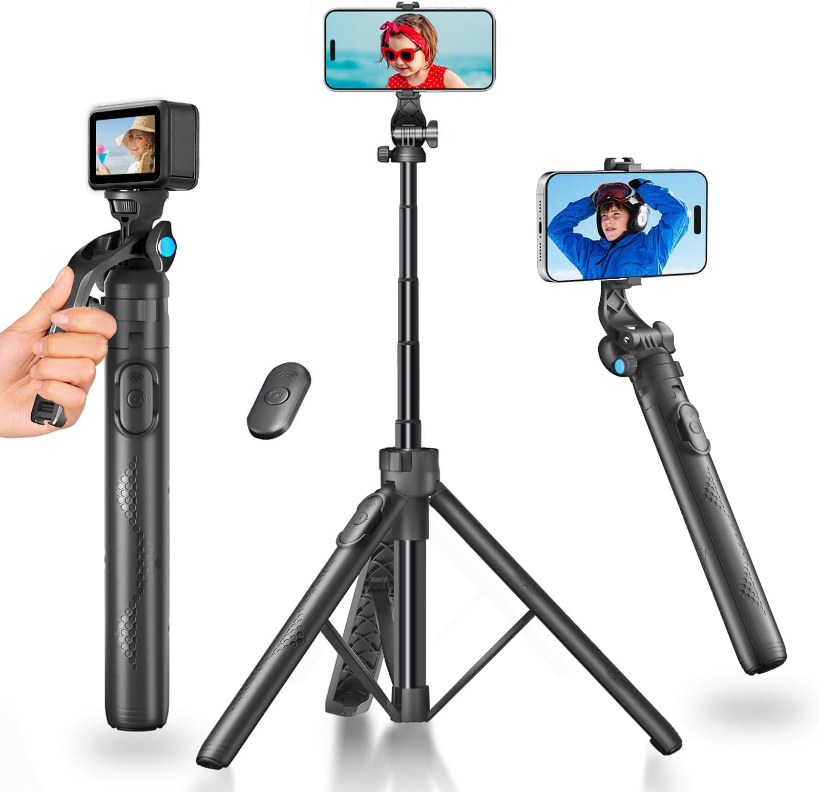 Phone Tripod, Lusweimi 63” Selfie Stick Tripod with Wireless Remote ...