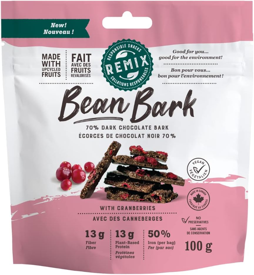 Remix Snacks Bean Bark with Cranberry, Dark (70% Cacao) Chocolate Snack ...