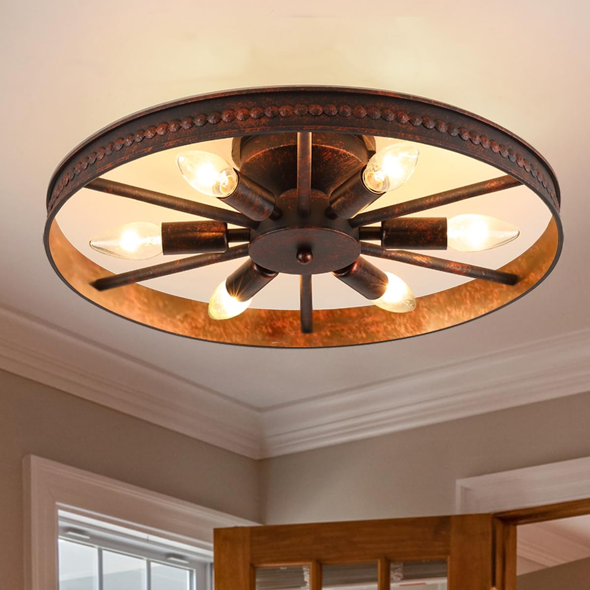 Modxian Farmhouse Round Semi Flush Mount Ceiling Light Red Rust Finish ...