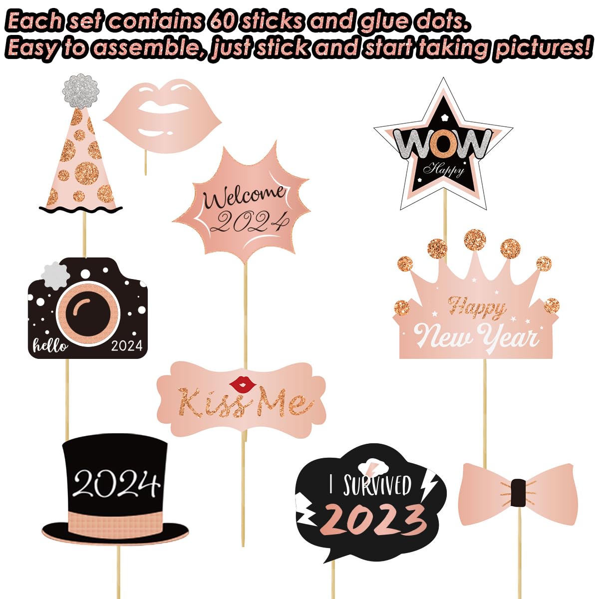 60pcs 2024 New Year Photo Booth Props, Pink New Years Eve Party Photo ...