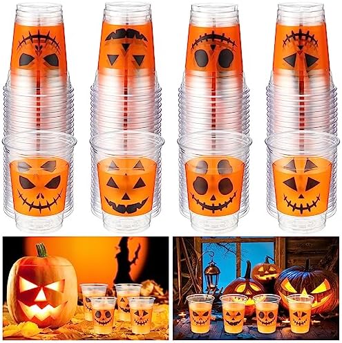 Amazon.com: Bokon 100 Pcs Halloween 12 oz Plastic Cups Pumpkin Design Disposable Cocktail ...