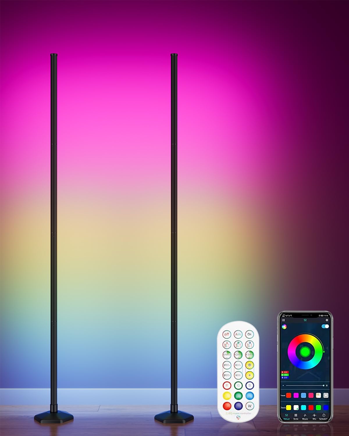 YIKBIK 2PCS RGB Corner Floor Lamp, 65" Color Changing LED Floor Lamp ...