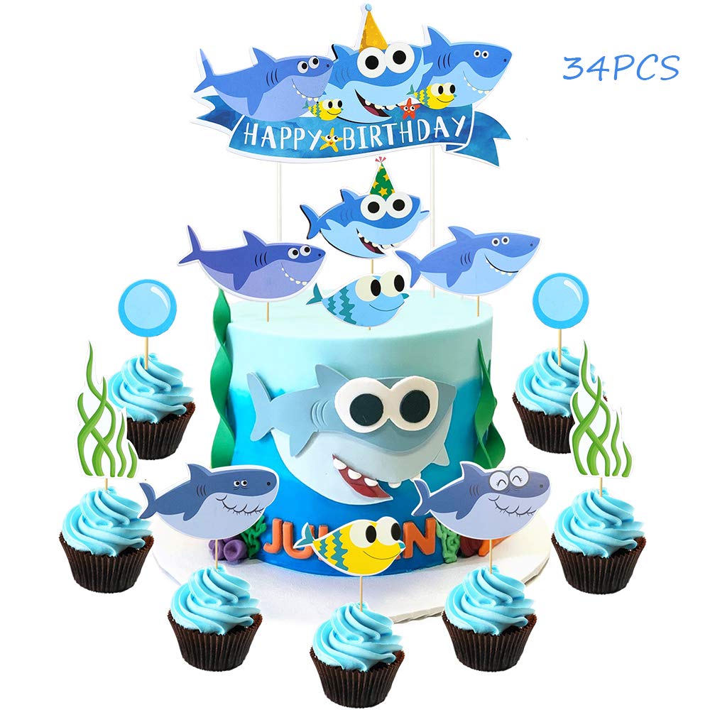 Buy 1Pcs Blue Shark Cake Topper Happy Birthday Decoration and 33Pcs ...
