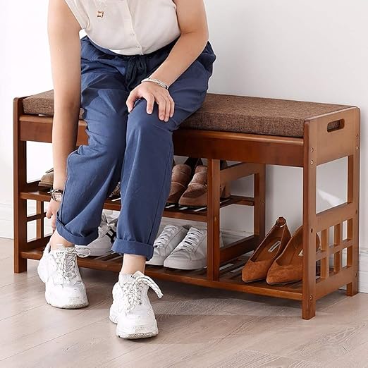 GGFHH Shoe Bench Rack 2 Tier Shoe Organizer with Padded Cushion Seat ...