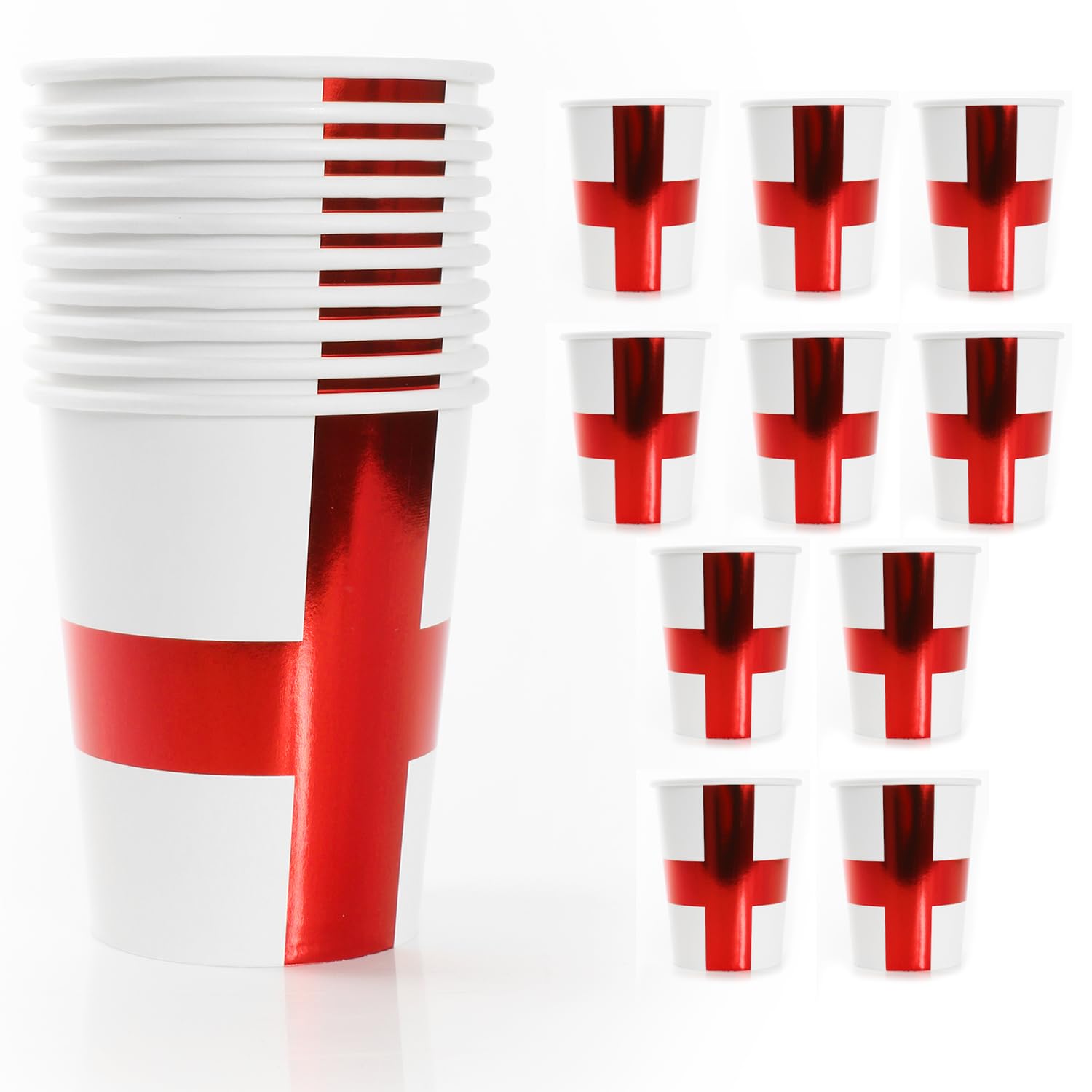 England Flag Cups - Pack of 10 White Paper Cups with Red St George's ...