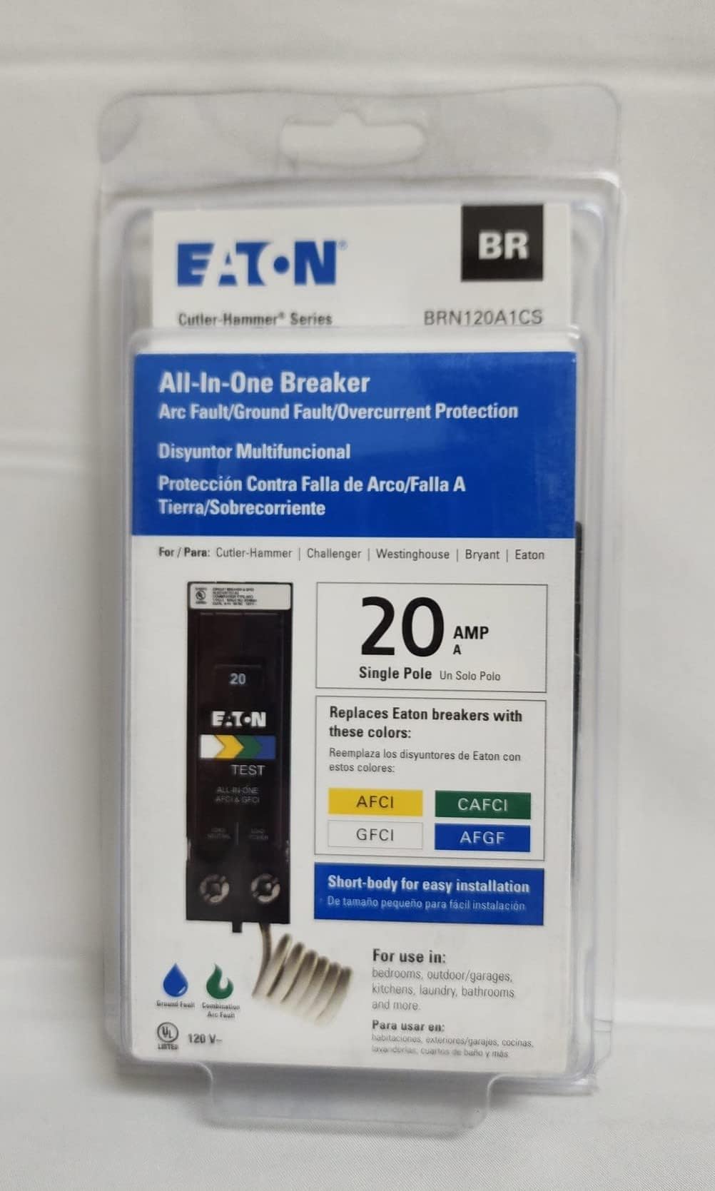 Eaton CHFCAF120 Breaker, 20A, 1P, 120/240V, 10 kAIC, Type CH, Combo ...