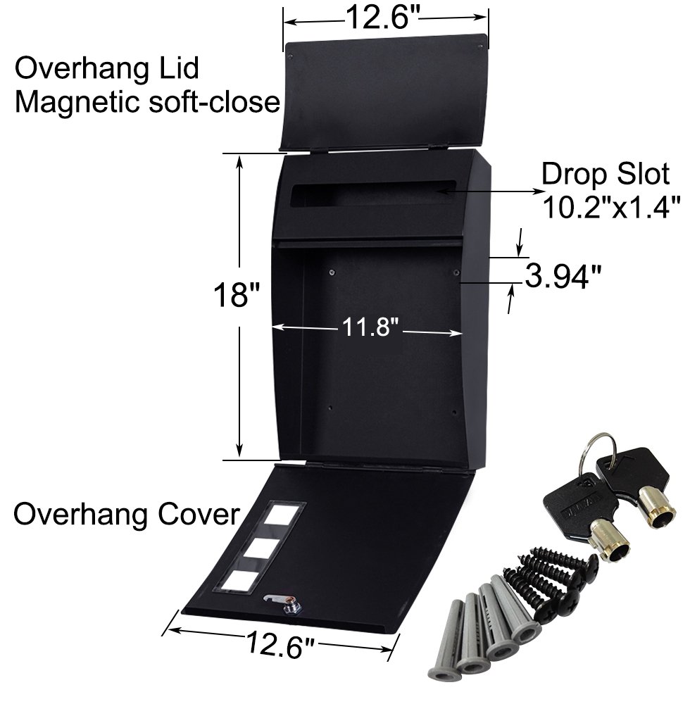 Wall Mounted Mailbox Large Outdoor Black Metal Lockable Drop Box ...