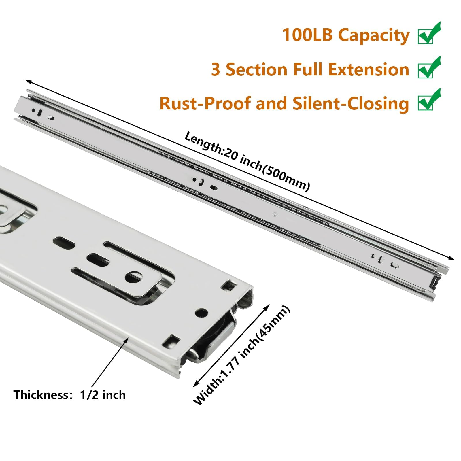 Snapklik.com : 2 Pairs Silver Drawer Slides 20 Inch Side Mount Drawer ...