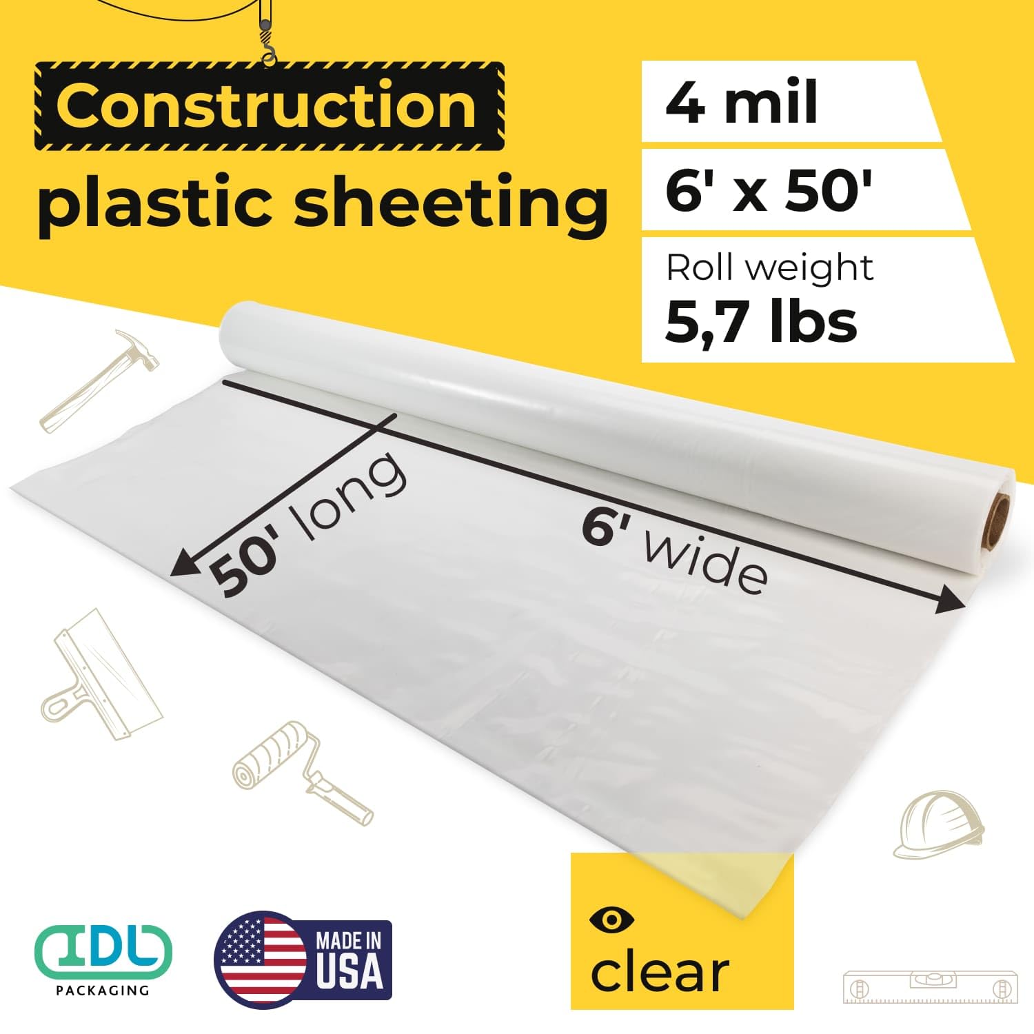 IDL Packaging Clear 4 mil Construction Plastic Sheeting, 6' x 50' (300 ...