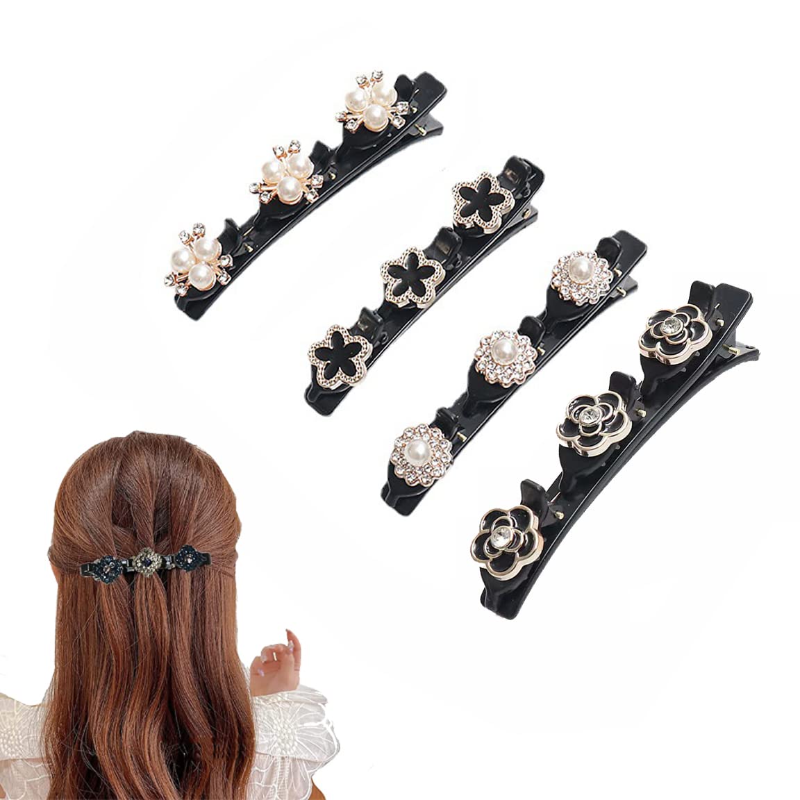 Crystal Flower Braided Hair Clips - Women Girls Sparkling Three Flower ...