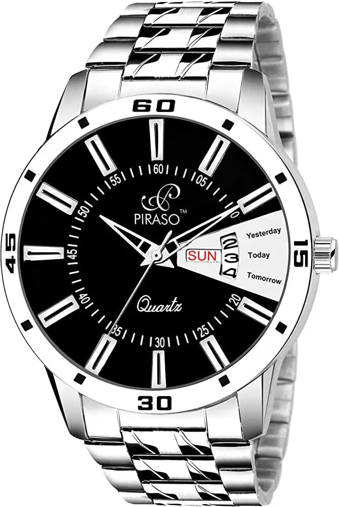 PIRASO Analog Day and Date Working Display Black DIAL&Silver Chain ...