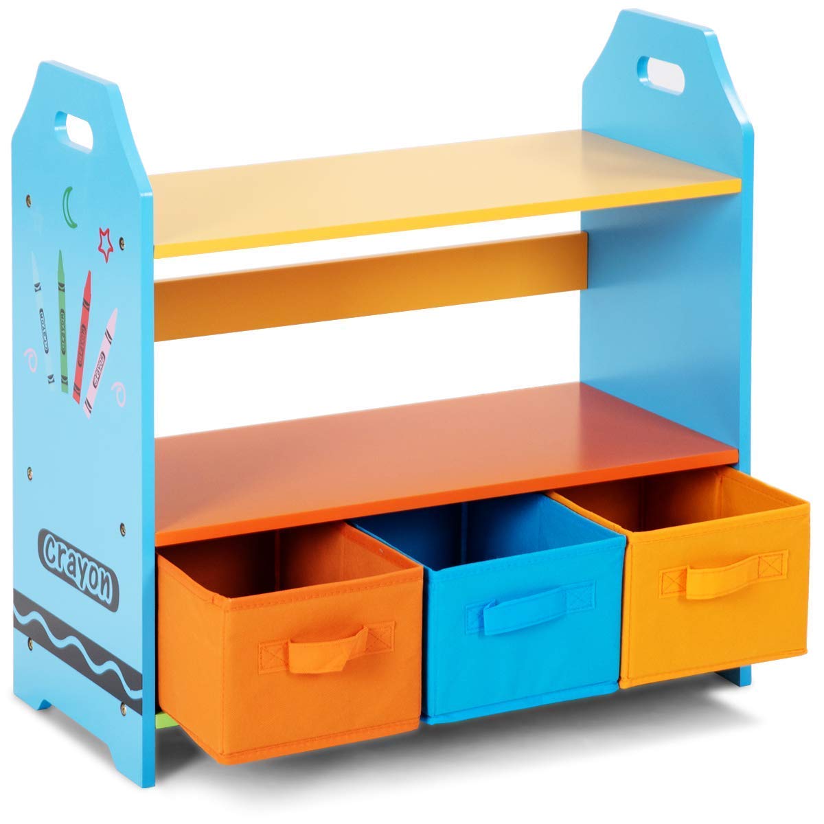Costzon Crayon Themed 2-Tier Kids Bookshelf with 3 Storage Bins ...