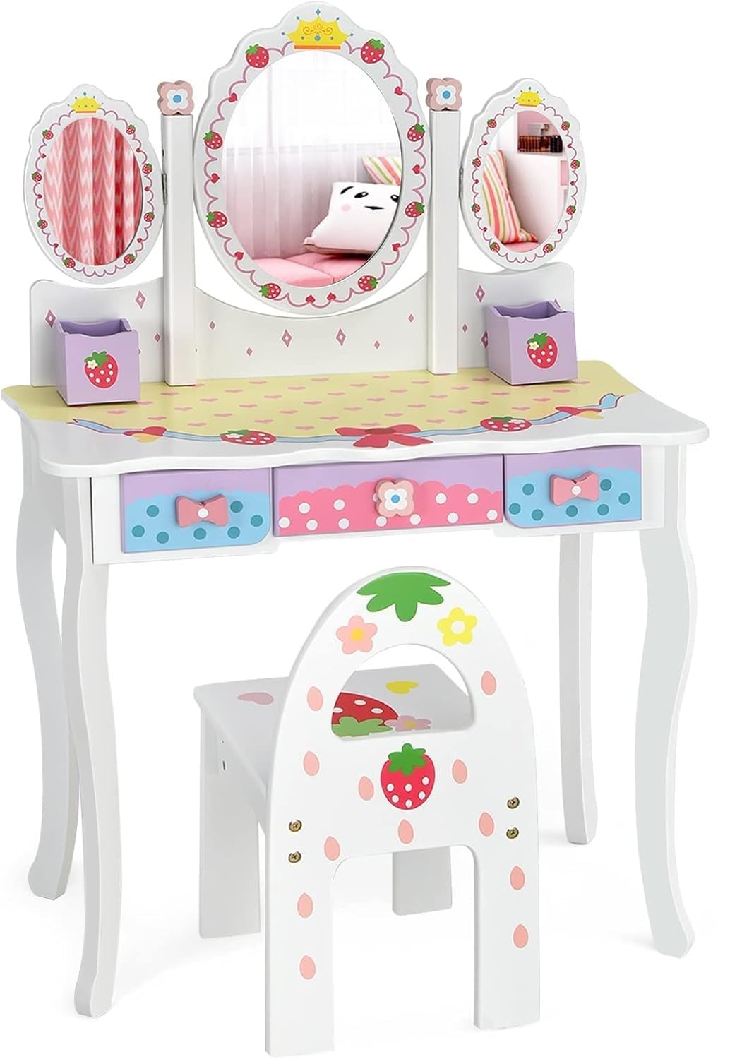Kids Vanity, 2 in 1 Pink Strawberry Wooden Dressing Table and Chair Set ...