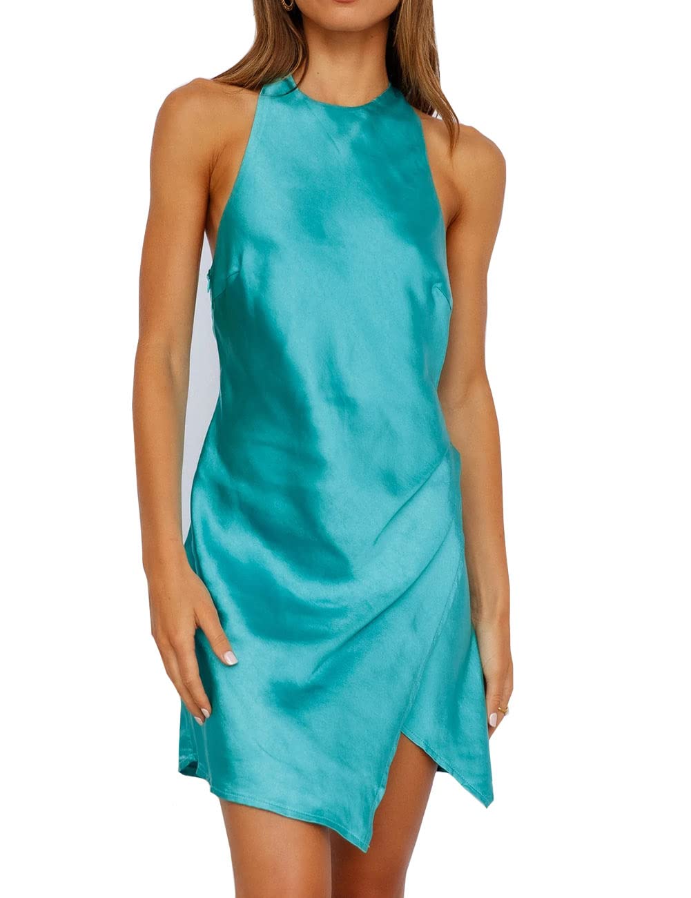 Satin Halter Tie Neck Backless Mini Dresses- Sexy Slit Ruched Open Back ...
