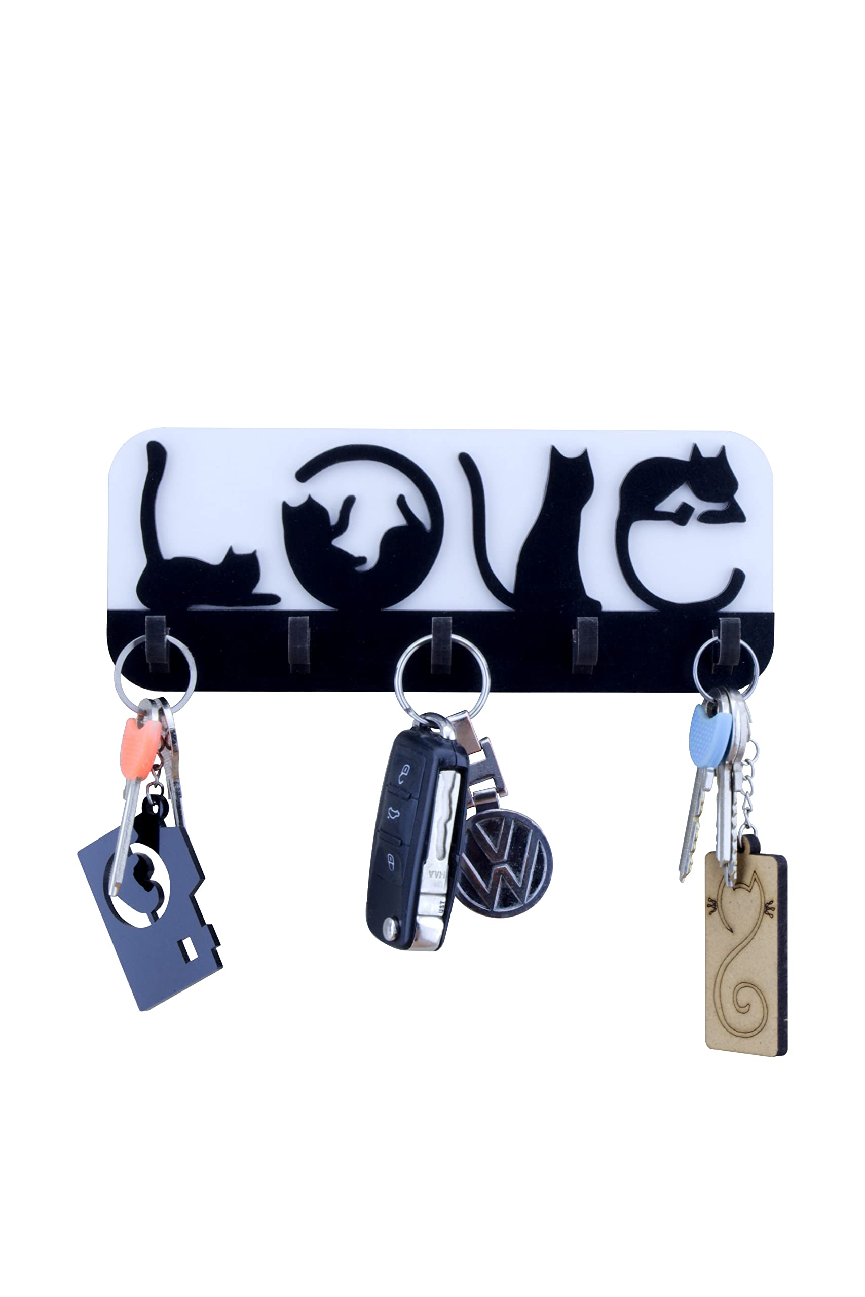 Cat Love Wooden Key Board - Key Holder with 5 Hooks - Wall mounting ...