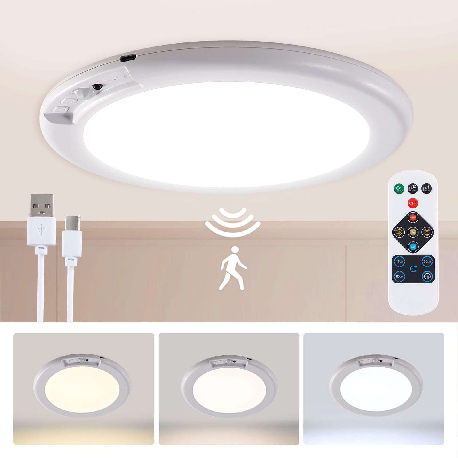 Motion Sensor Light Indoor with Remote, Battery Powered Ceilling Light ...
