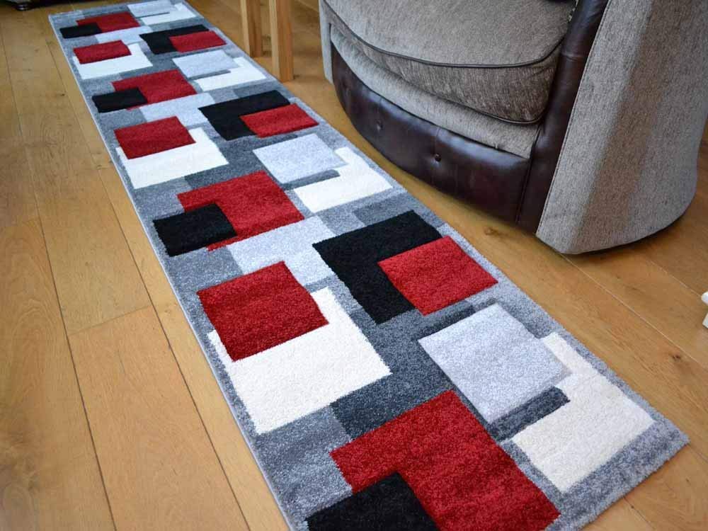 Tempo Silver Red Square Design Thick Quality Modern Carved Rugs ...