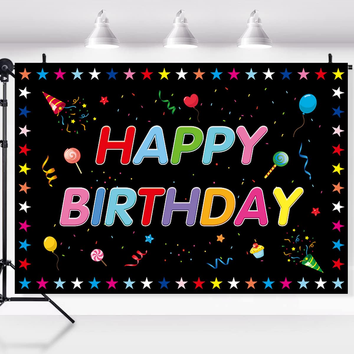Amazon.com : Happy Birthday Banner Black Star Flag Sign Poster Photo ...