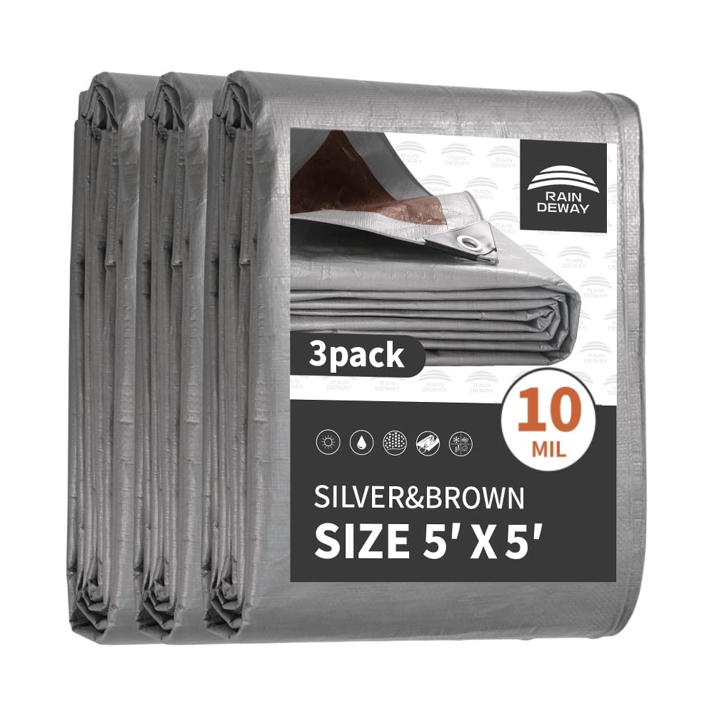 RAINDEWAY Small Tarps Heavy Duty Waterproof 5x5 Feet (3 Pack), 10Mil ...
