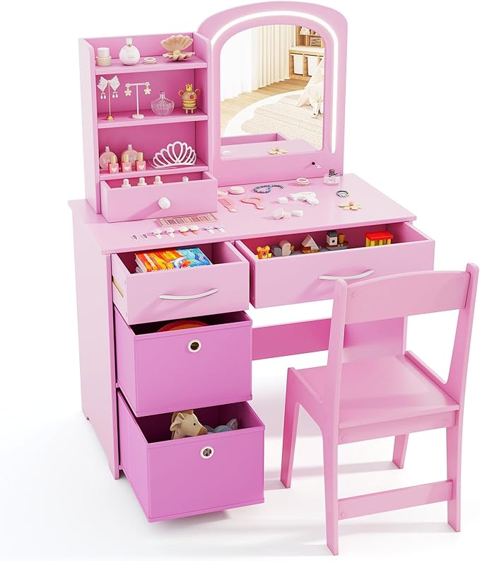 Amazon.com: HONEY JOY Kids Vanity, Little Girls Vanity Set with Mirror ...