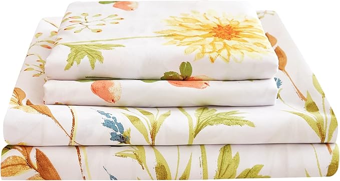 Amazon.com: JSD Yellow Floral Printed Sheet Set Queen Size, 4 Piece ...