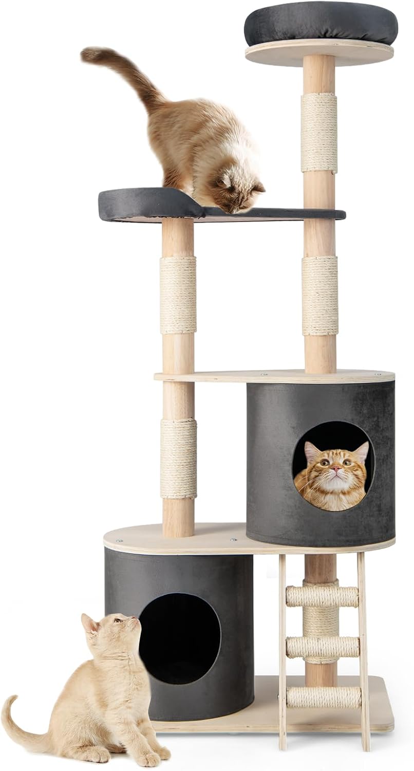 COSTWAY Wooden Scratching Post, 161 cm Large Cat Scratching Post with 2 ...