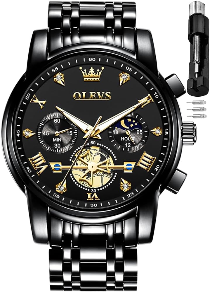 Amazon.com: OLEVS Black Watch for Men Diamond Business Dress Analog Quartz Stainless Steel ...
