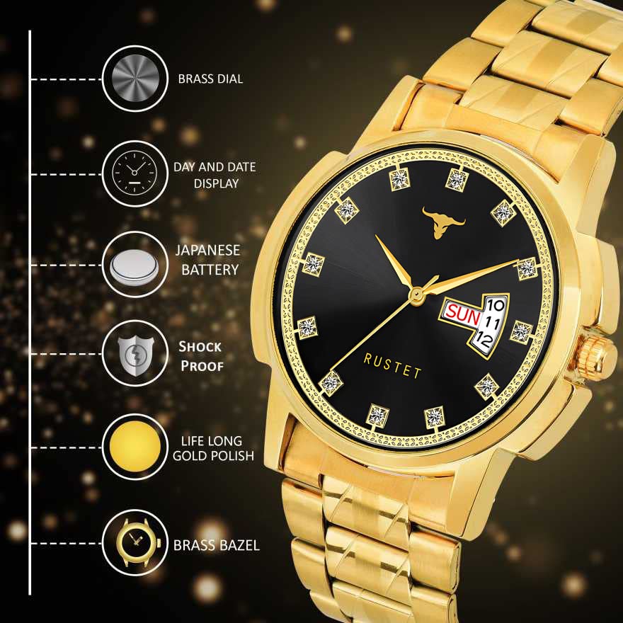 Buy RUSTET Analogue Waterproof Men's Day and Date Watch (Gold Round ...