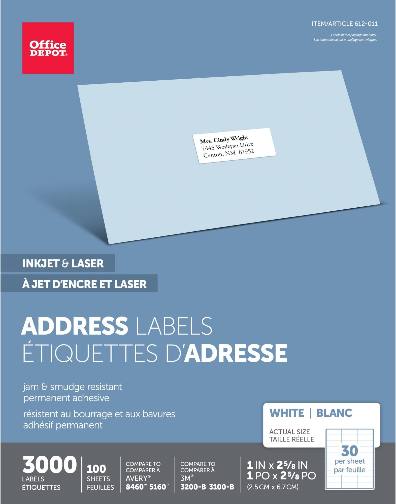 Amazon.com : Office Depot White Inkjet/Laser Address Labels, 1 1/3in. x ...