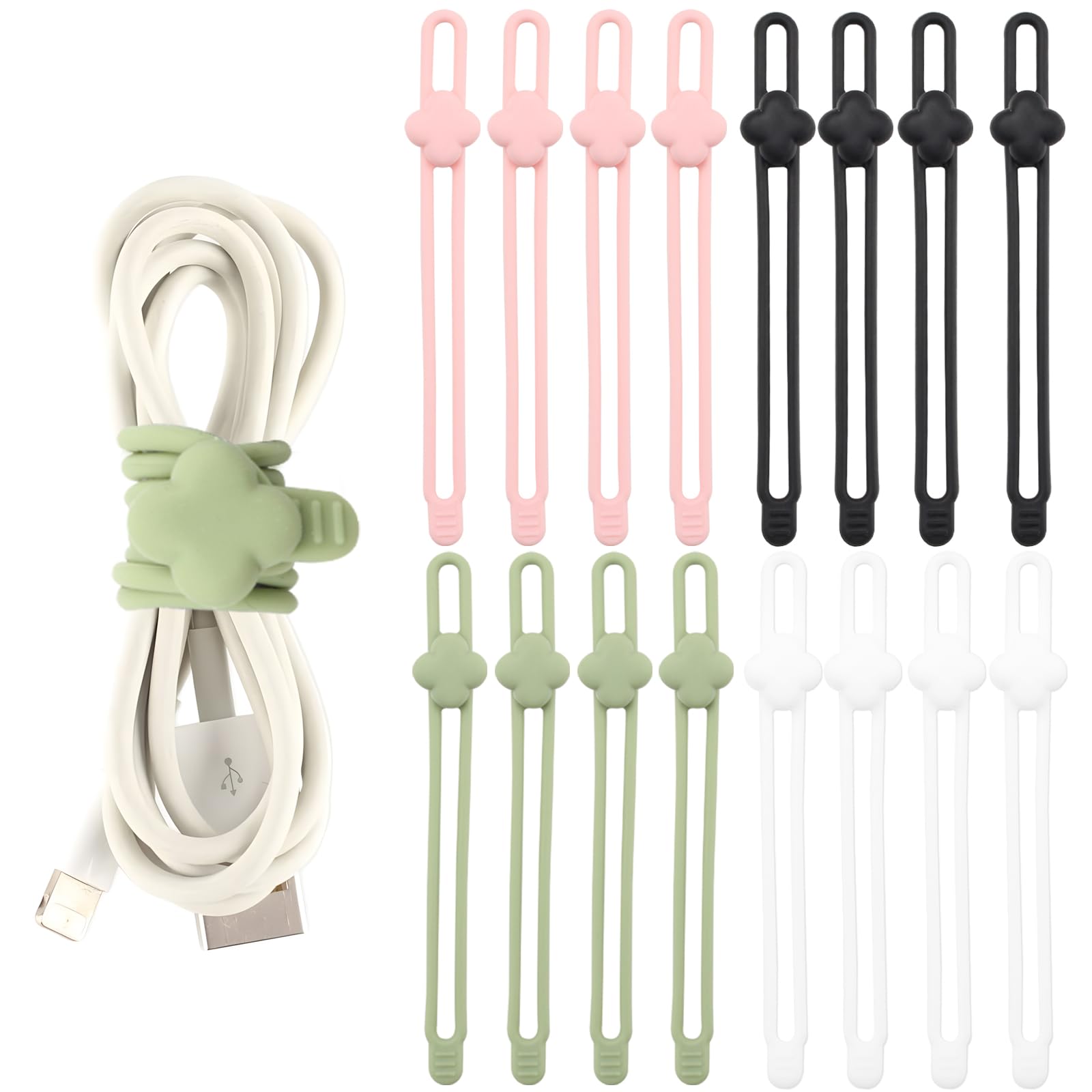 TamBee Cable Ties Reusable Silicone Cable Straps 16pcs Four-Leaf Clover ...