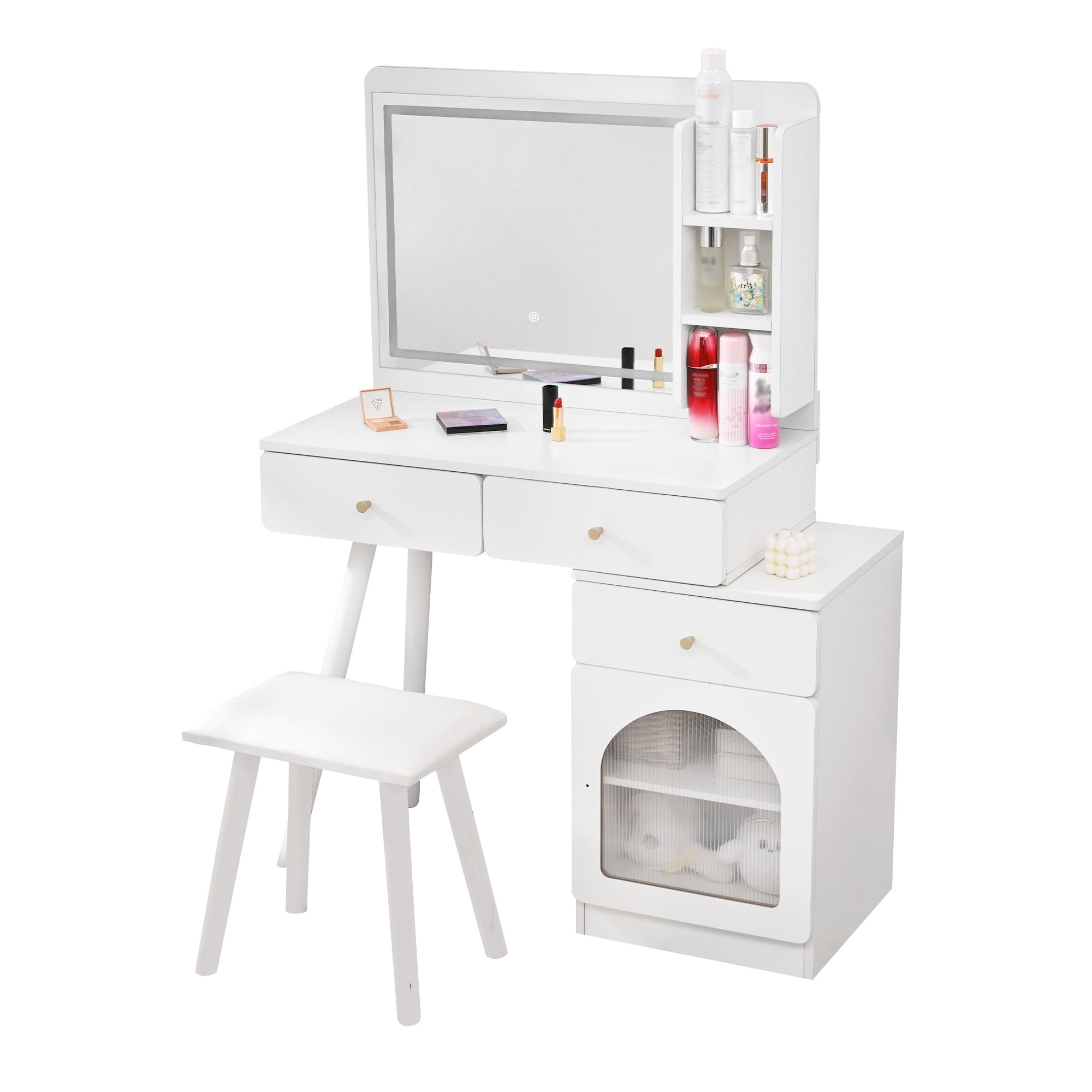 Amazon｜OSJ ドレッサー 化粧台 テーブル 鏡台 メイク台 LEDライト付き 3色LED スツール付き 引き出し 収納 サイド収納 メイク台 シンプル 姫系 大容量 可愛い｜鏡台 ...