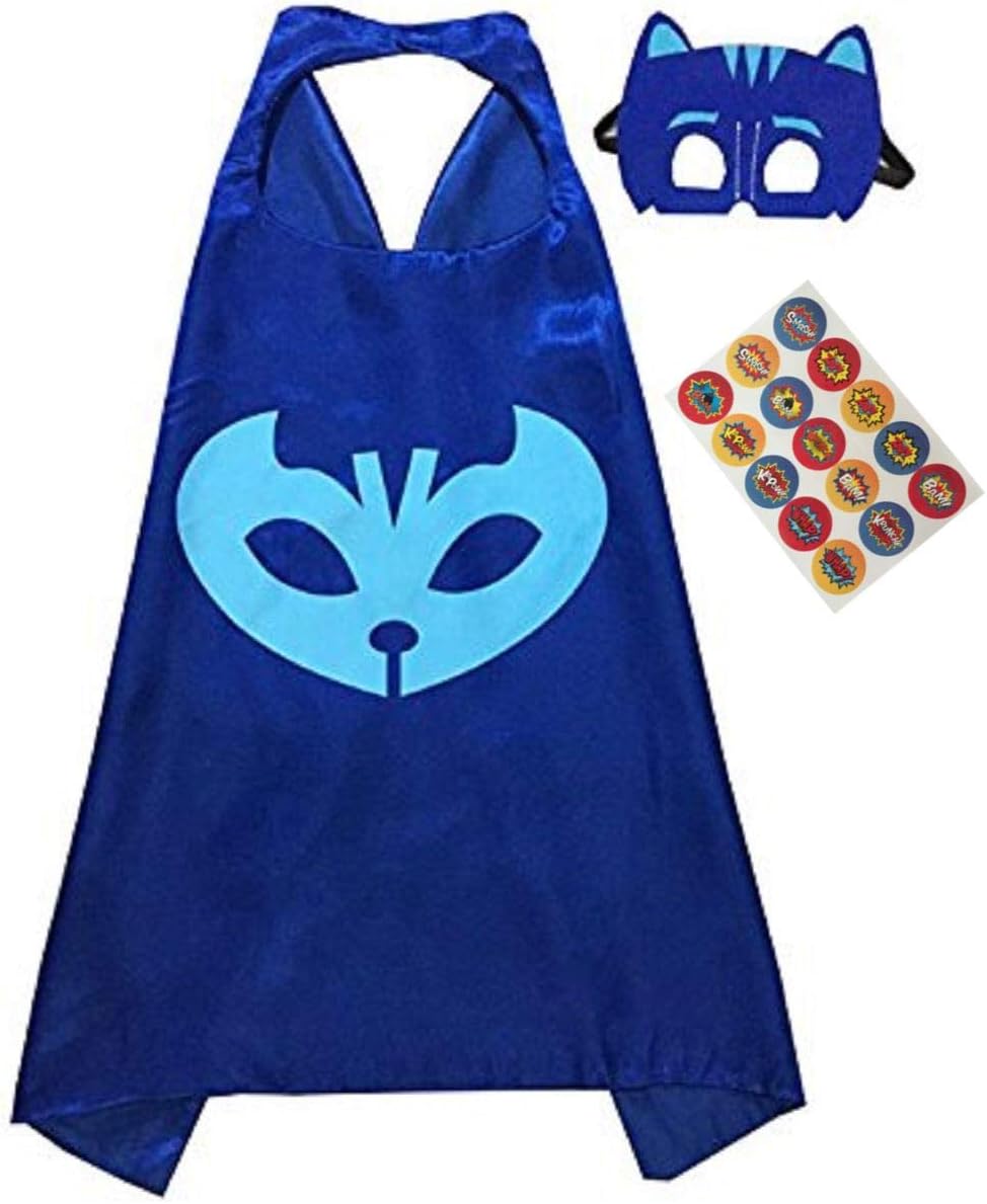 Superhero Cape and Mask Costume for Kids with Stickers (Catboy) Blue ...