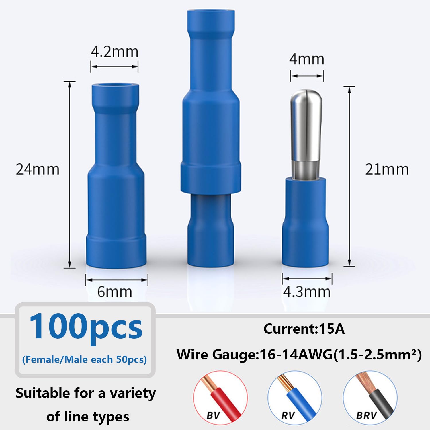 Snapklik.com : Smseace 100Pcs Blue Bullet Connectors 16-14AWG Female ...