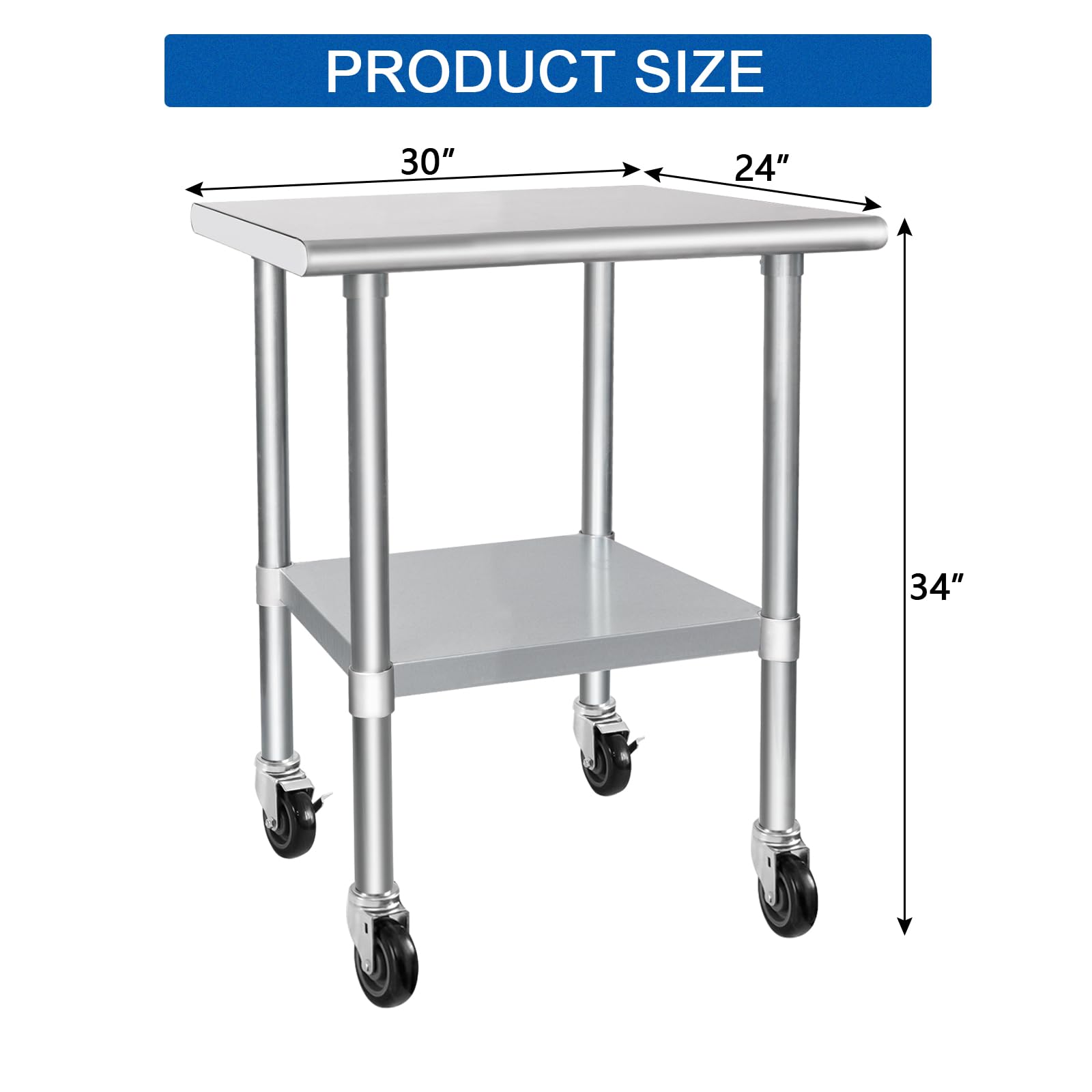 HARDURA Stainless Steel Table with Wheels 24 x 30 Inches Casters NSF ...