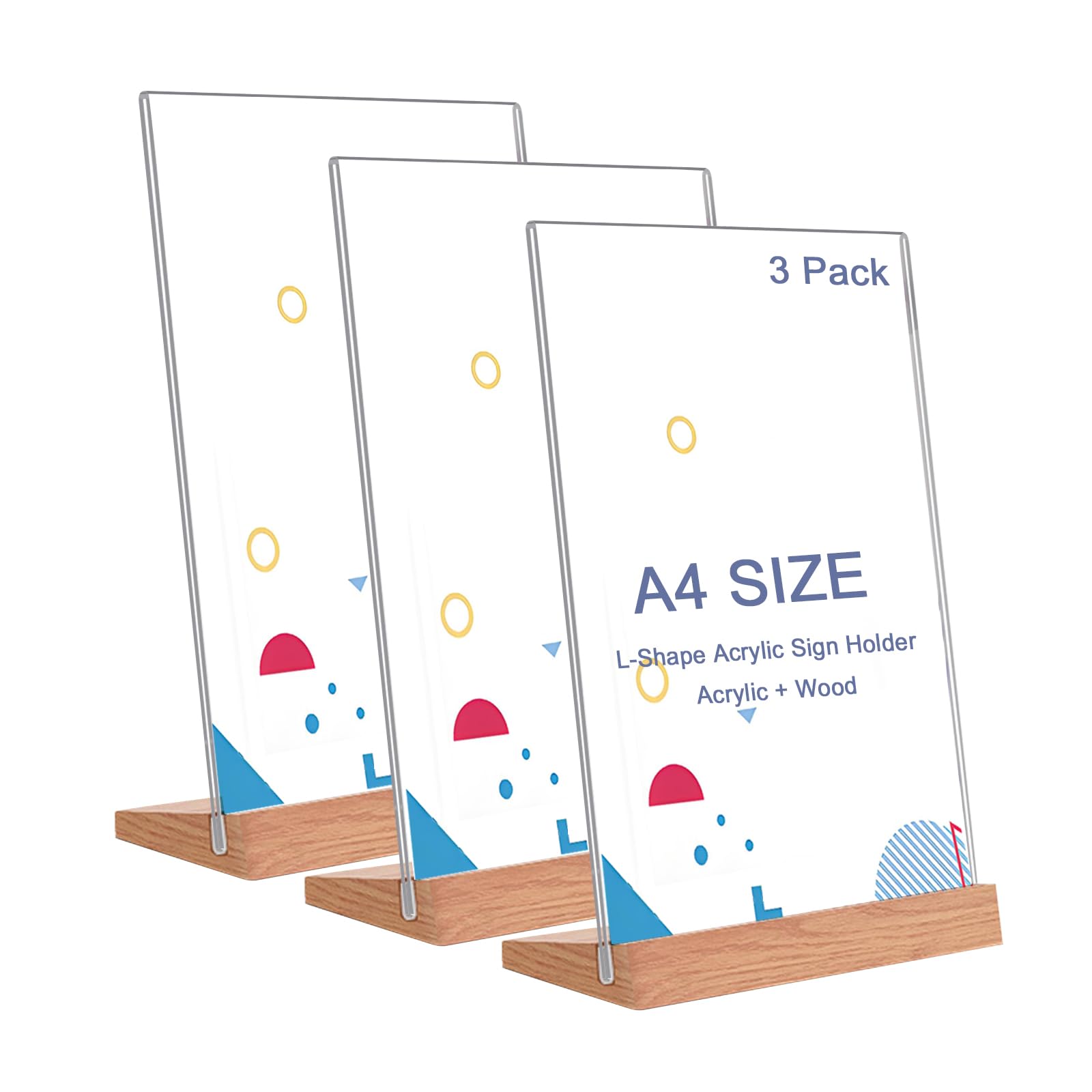 Rifeinoo A4 Acrylic Sign Holder with wood base,3 Pack Display Stands ...