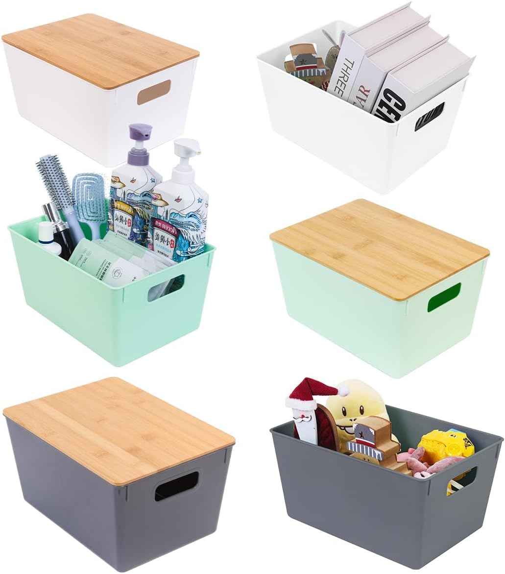 Amazon.com - YH-MONICAQUE Plastic Storage Bins with Bamboo Lids,【6-Pack ...