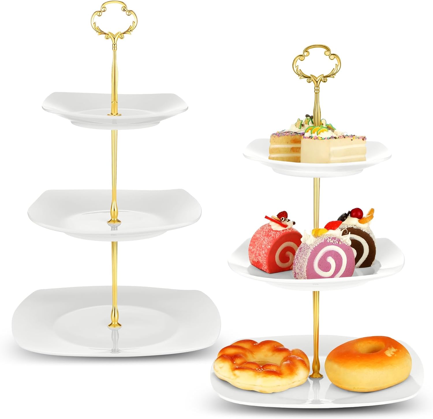 Amazon.com: Tticai 2 Pcs 3 Tier Cupcake Stand Square Porcelain Cake ...
