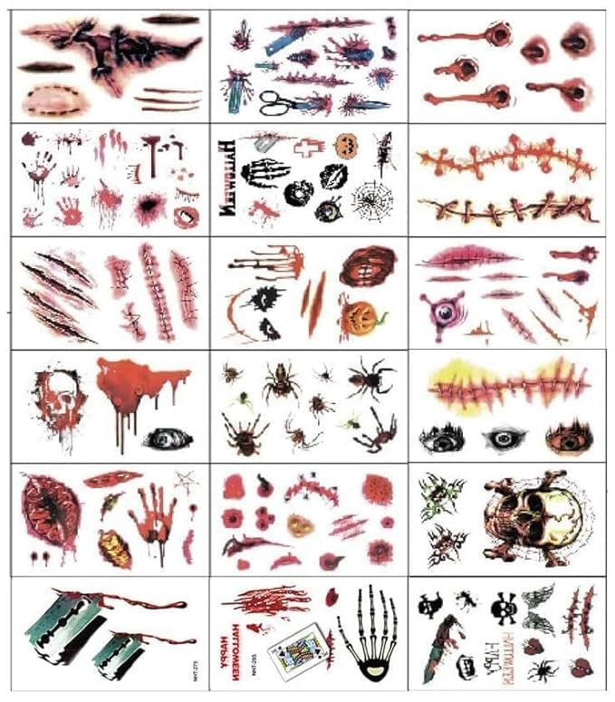 Amazon.com : Halloween Scar Tattoos, 18 Sheets Horror Realistic Fake ...