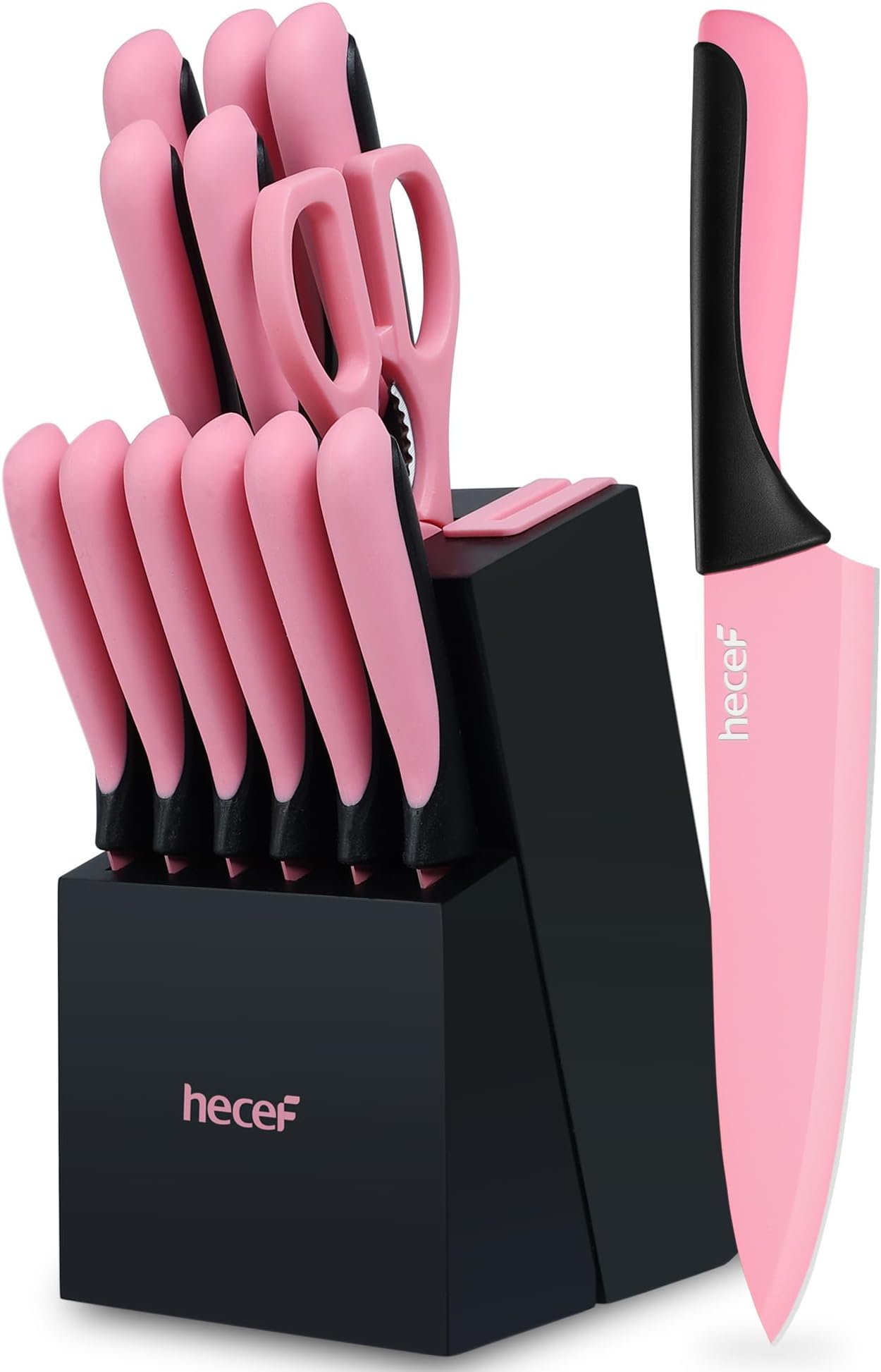 Amazon.com: hecef Pink Combo, 14 Pieces Kitchen Knife Block Set with ...