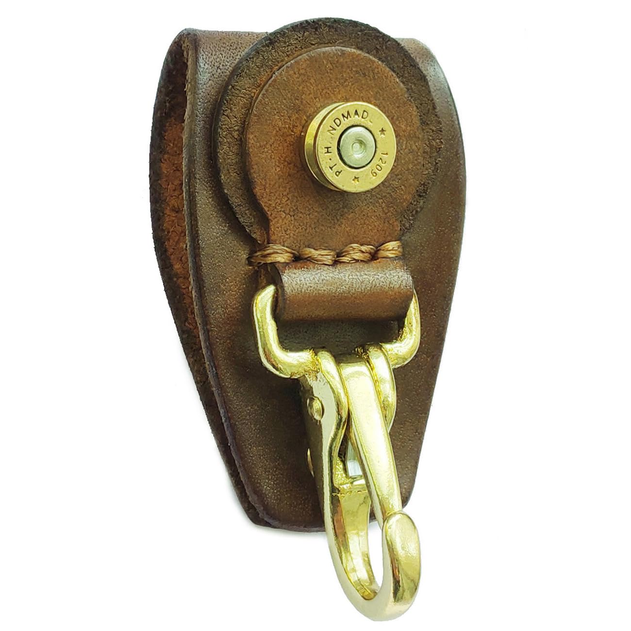 Gucaibu Brown leather belt with brass hanging keychain; Cowhide copper ...