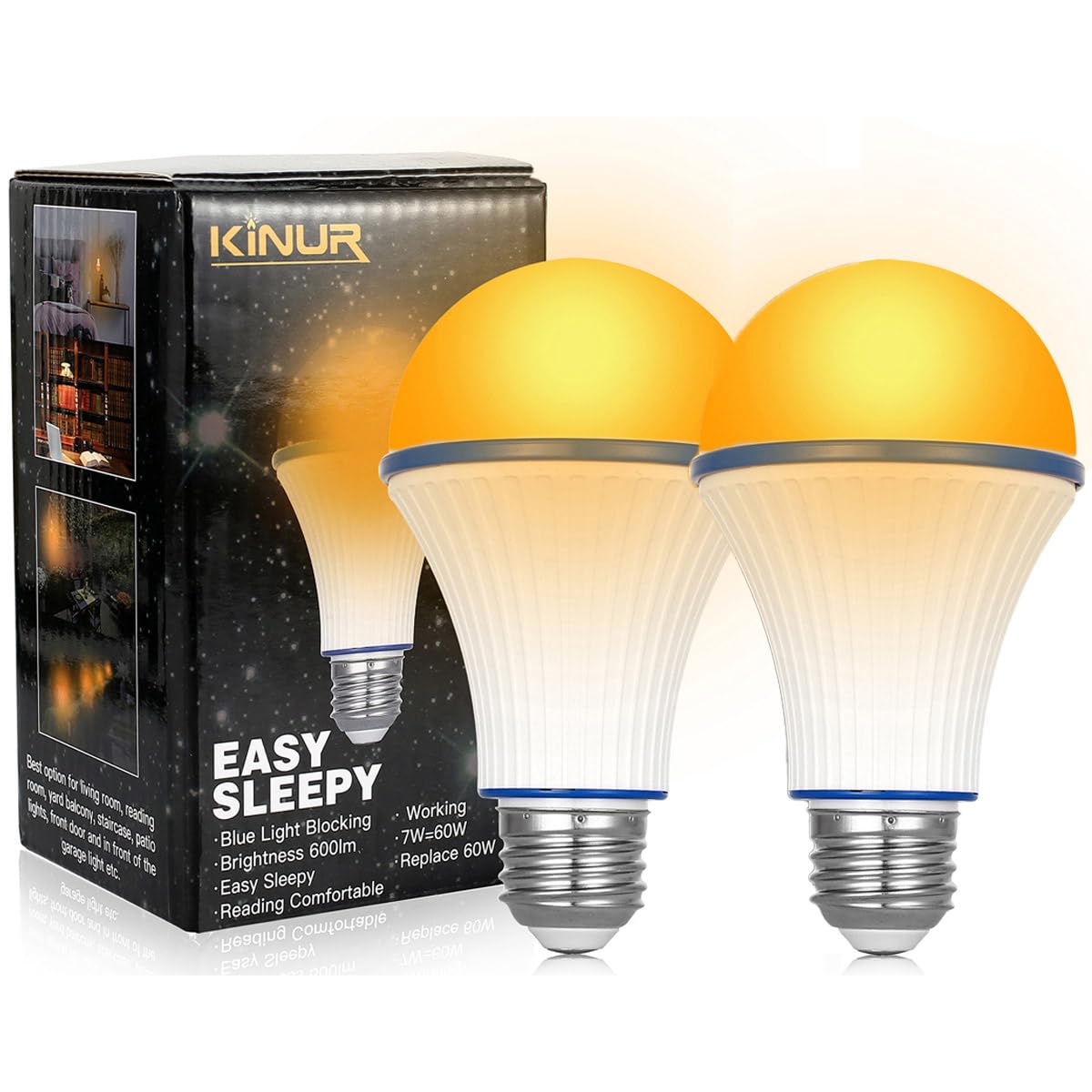 KINUR 2 Pack LED Amber Light Bulbs,7W A19 1800K Warm Light Bulbs for ...