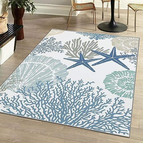 Amazon.com: Coastal Area Rug Beach Rugs Non-Slip Nautical Coral Machine ...